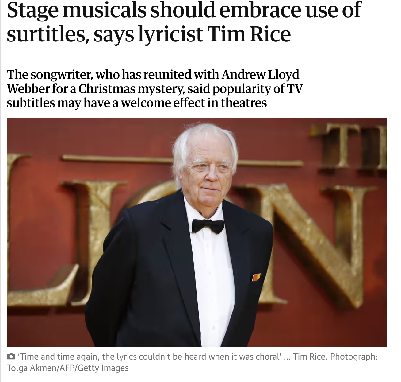 Our letter to the Guardian in response to Sir Tim Rice's suggestion for ...